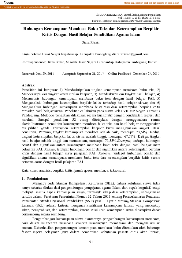 (PDF) Hubungan Kemampuan Membaca Buku Teks dan Keterampilan Berpikir Kritis dengan Hasil Belajar ...