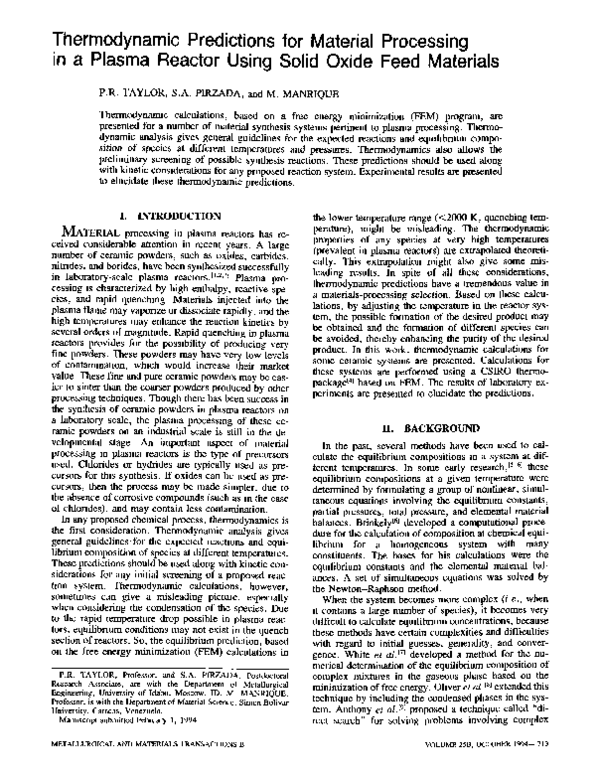 (PDF) Thermodynamic predictions for material processing in a plasma reactor using solid oxide ...