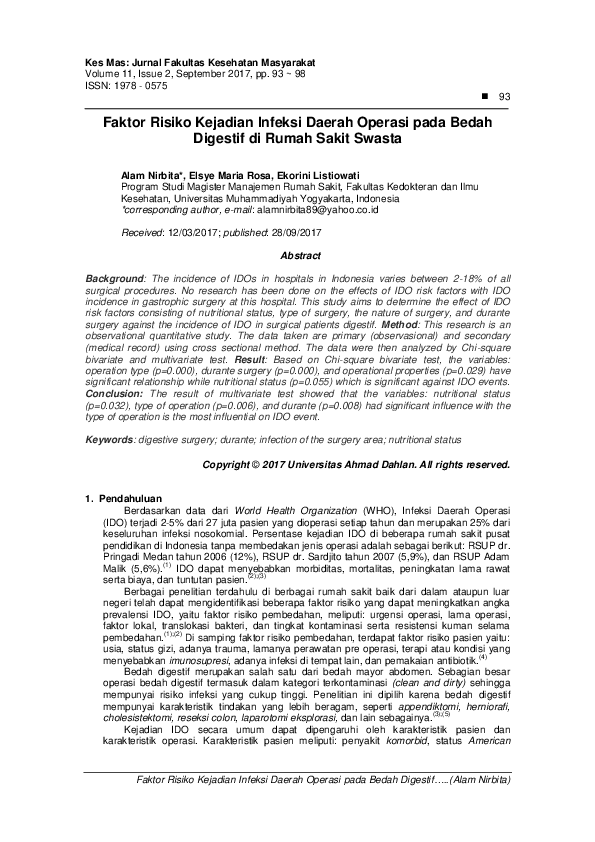 (PDF) Faktor Risiko Kejadian Infeksi Daerah Operasi pada Bedah Digestif ...