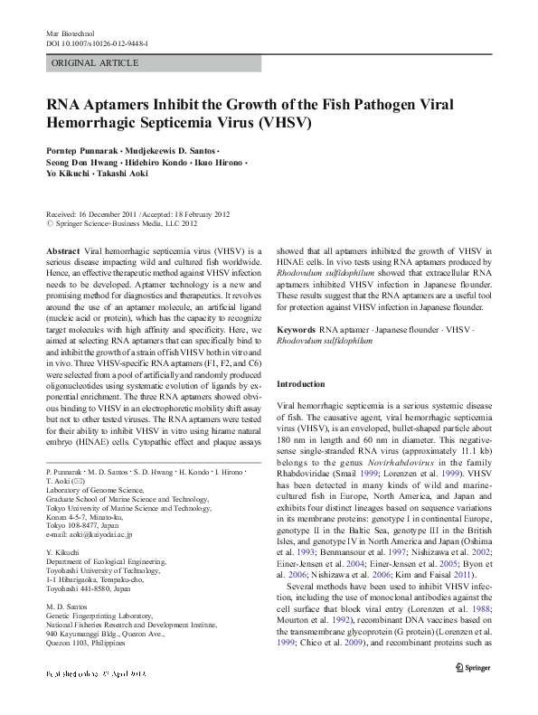 (PDF) RNA Aptamers Inhibit the Growth of the Fish Pathogen Viral ...