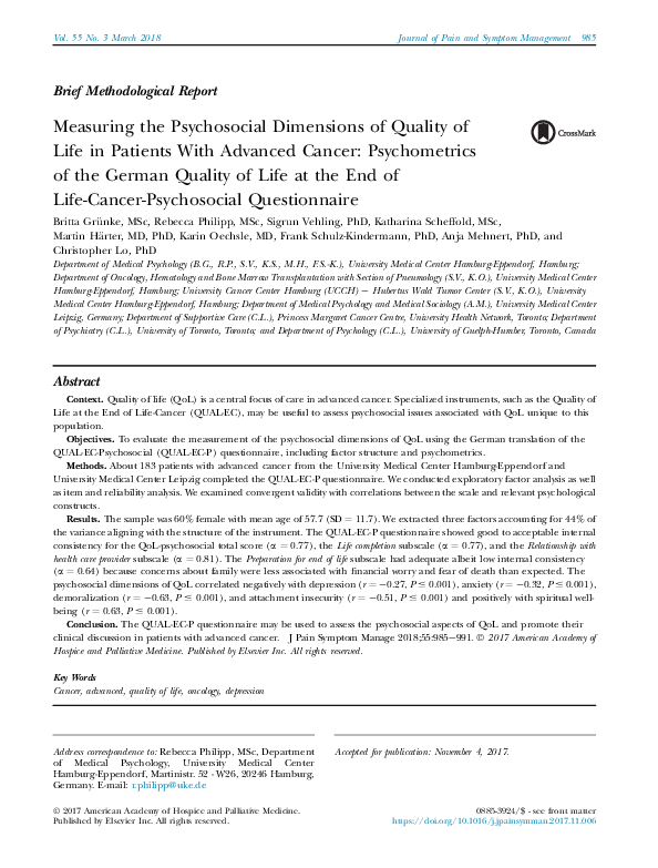 (PDF) Measuring the Psychosocial Dimensions of Quality of Life in ...