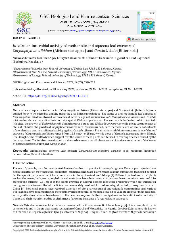 Pdf In Vitro Antimicrobial Activity Of Methanolic And Aqueous Leaf Extracts Of Chrysophyllum
