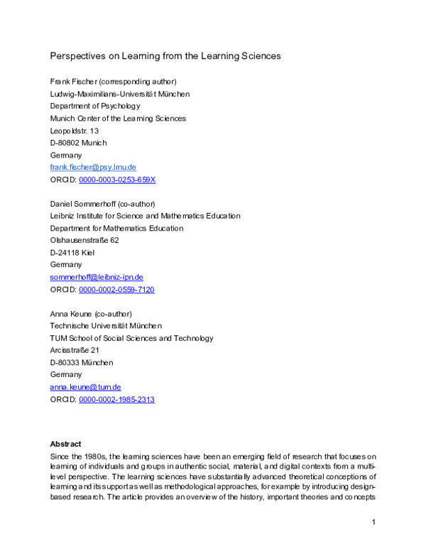 (PDF) Perspectives on learning from the learning sciences