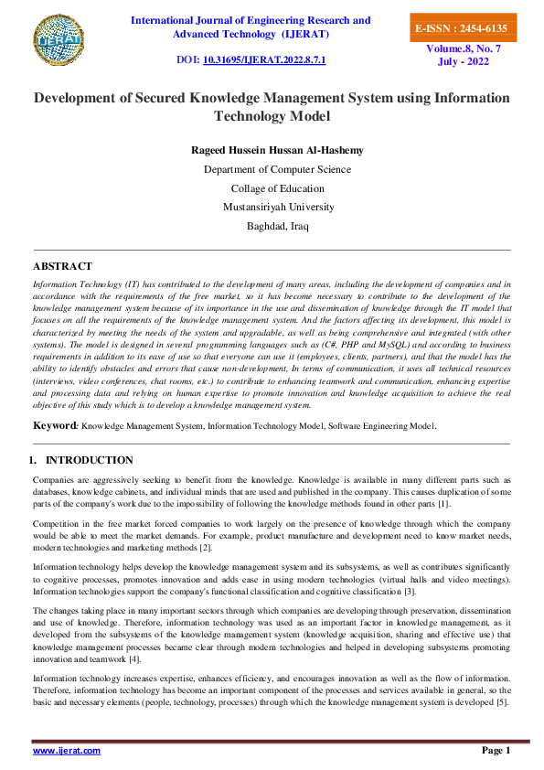 (PDF) Development of Secured Knowledge Management system using Information Technology Model