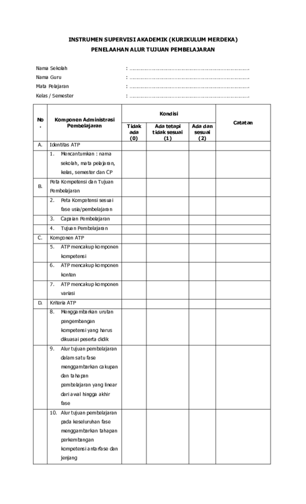 (DOC) INSTRUMEN SUPERVISI AKADEMIK (KURIKULUM MERDEKA) PENELAAHAN ALUR TUJUAN PEMBELAJARAN