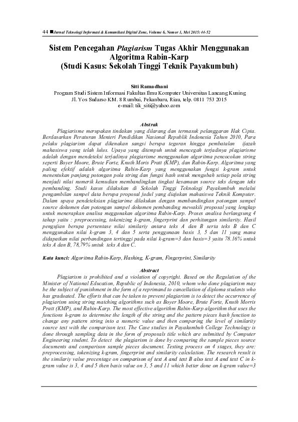 (PDF) Sistem Pencegahan Plagiarism Tugas Akhir Menggunakan Algoritma Rabin-Karp (Studi Kasus ...
