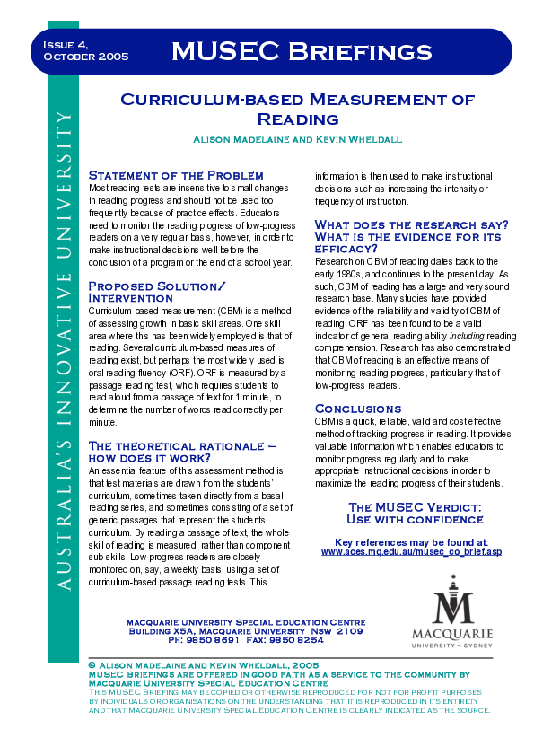 (PDF) Curriculum-based measurement of reading