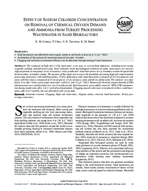 (PDF) Effect of Sodium Chloride Concentration on Removal of Chemical Oxygen Demand and Ammonia ...