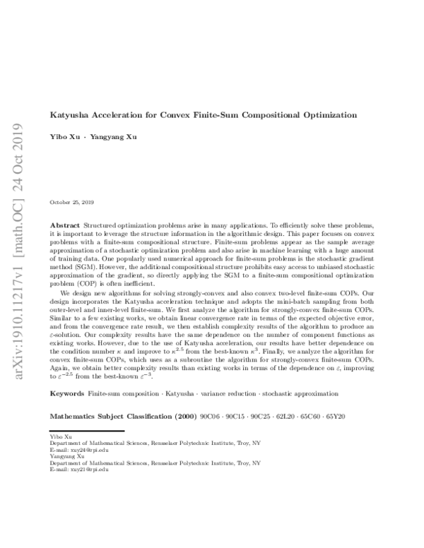 Pdf Katyusha Acceleration For Convex Finite Sum Compositional Optimization Yibo Xu