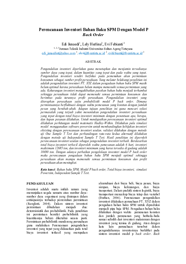 (PDF) Perencanaan Inventori Bahan Baku SPM Dengan Model P Back Order