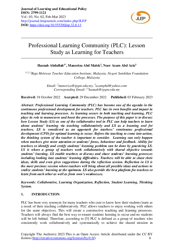 (PDF) Professional Learning Community (PLC): Lesson Study as Learning ...