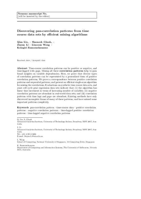 (PDF) Efficient Mining of Diverse Correlation Patterns in Time-Course Data (PDF) Efficient Mining of Diverse Correlation Patterns in Time-Course Data