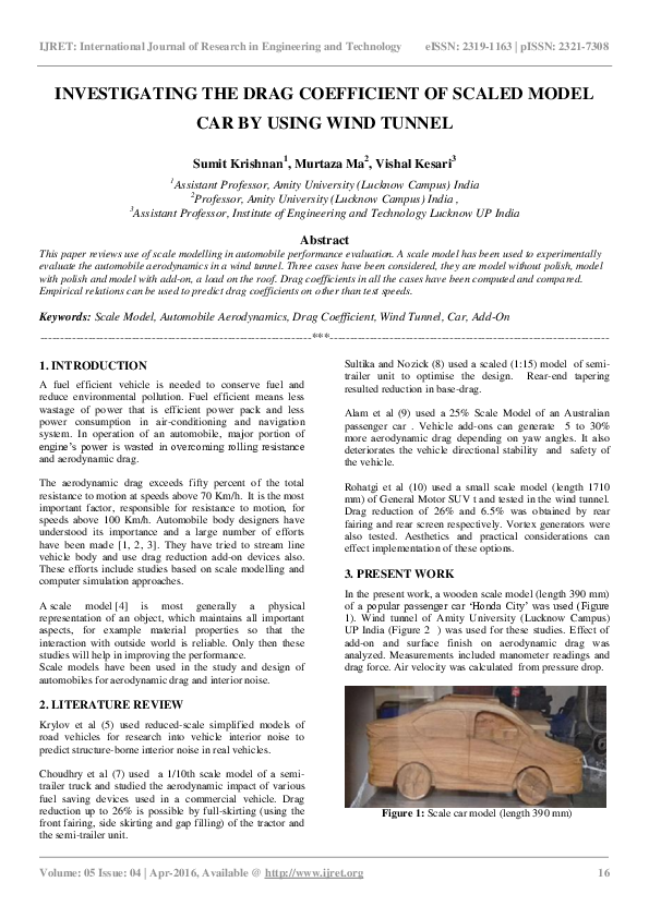 Pdf Investigating The Drag Coefficient Of Scaled Model Car By Using