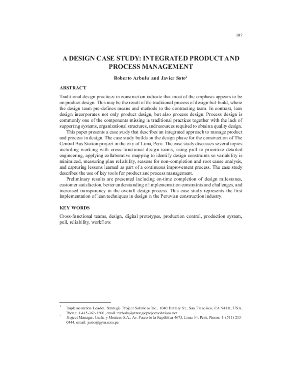 (PDF) A Design Case Study: Integrated Product and Process Management