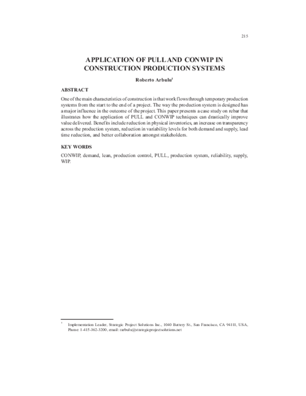 (PDF) Application of pull and CONWIP in construction production systems