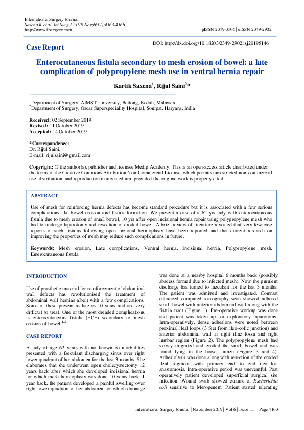 (PDF) Enterocutaneous fistula secondary to mesh erosion of bowel: a late complication of ...