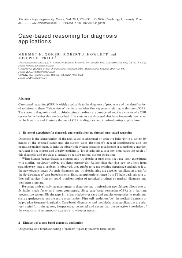 (PDF) Case-based reasoning for diagnosis applications