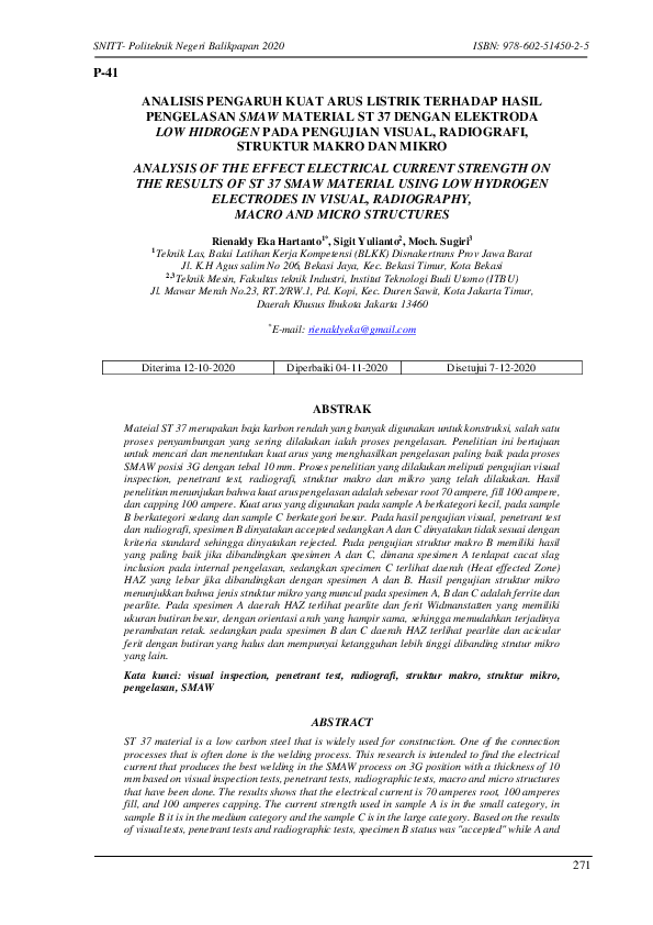 (PDF) Analisis Pengaruh Kuat Arus Listrik Terhadap Hasil Pengelasan Smaw Material ST 37 Dengan ...