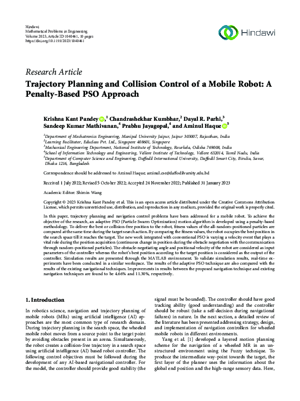 (PDF) Trajectory Planning and Collision Control of a Mobile Robot: A Penalty-Based PSO Approach