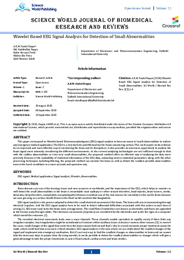 (PDF) Wavelet Based EEG Signal Analysis for Detection of Small Abnormalities