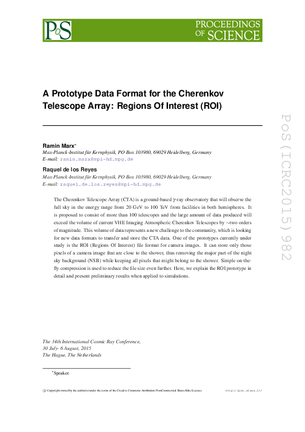 Pdf A Prototype Data Format For The Cherenkov Telescope Array Regions Of Interest Roi