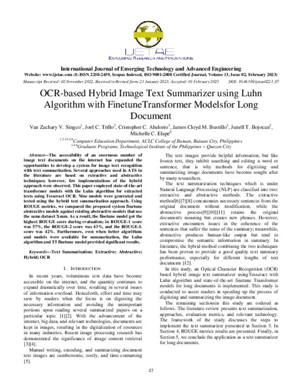 Pdf Ocr Based Hybrid Image Text Summarizer Using Luhn Algorithm With Finetunetransformer