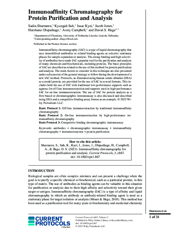 (PDF) Immunoaffinity Chromatography for Protein Purification and Analysis