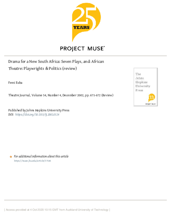 (PDF) Drama for a New South Africa: Seven Plays, and: African Theatre ...