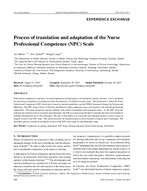 (PDF) Process of translation and adaptation of the Nurse Professional ...