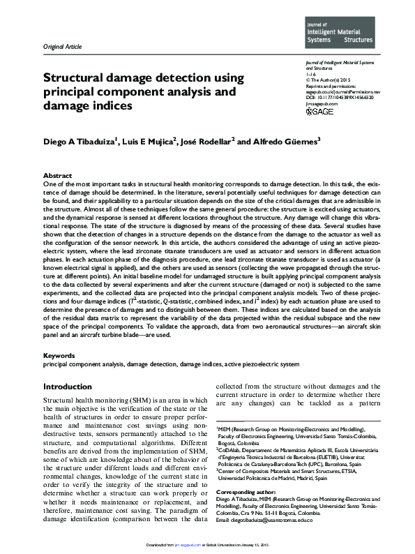 (PDF) Structural damage detection using principal component analysis and damage indices