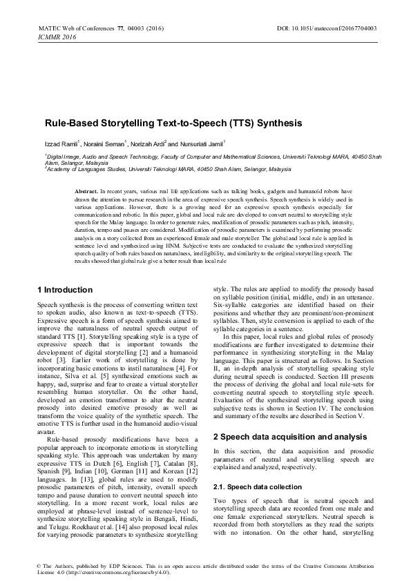 (PDF) Rule-Based Storytelling Text-to-Speech (TTS) Synthesis