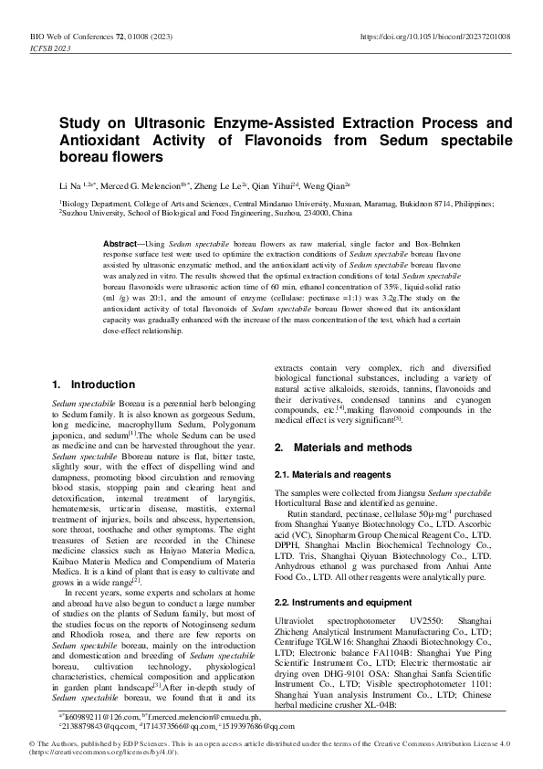 (PDF) Ultrasonic Enzyme-Assisted Extraction of Flavonoids from Sedum