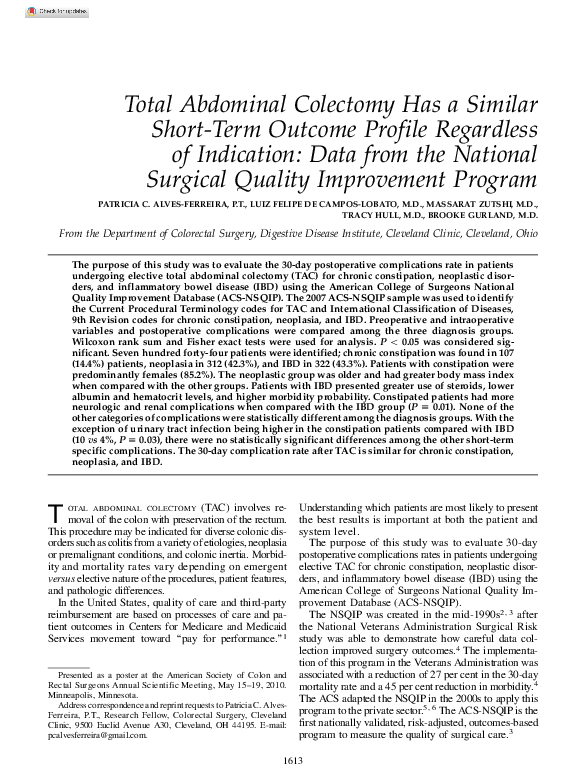 (PDF) Total Abdominal Colectomy Has a Similar Short-Term Outcome ...