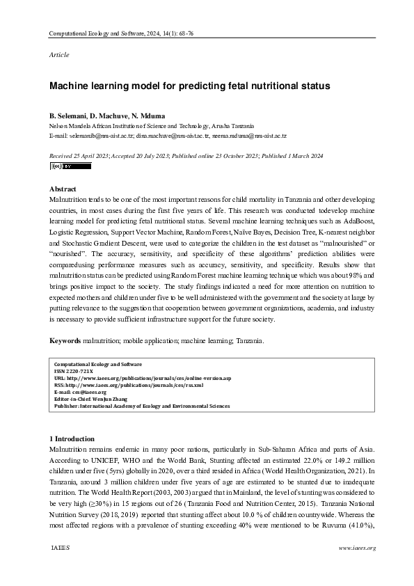 (PDF) Machine learning model for predicting fetal nutritional status