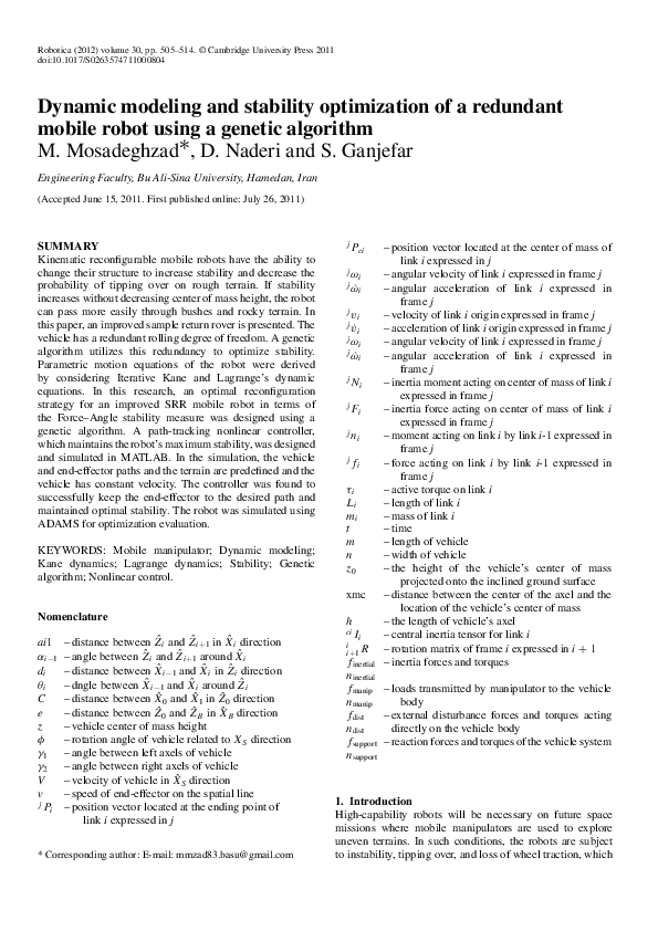 (PDF) Dynamic modeling and stability optimization of a redundant mobile robot using a genetic ...