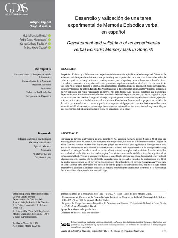 (PDF) Desarrollo y validación de una tarea experimental de Memoria Episódica verbal en español