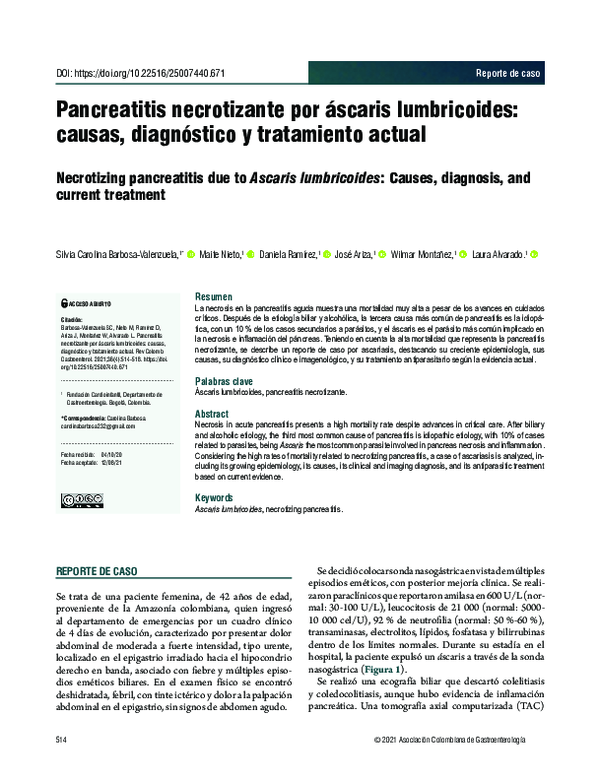 (PDF) Necrotizing pancreatitis due to Ascaris lumbricoides: Causes ...