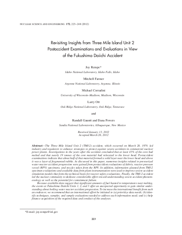 (PDF) Revisiting Insights from Three Mile Island Unit 2 Postaccident Examinations and ...