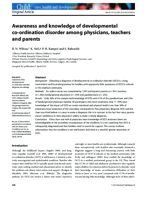 (PDF) Awareness and knowledge of developmental co‐ordination disorder ...