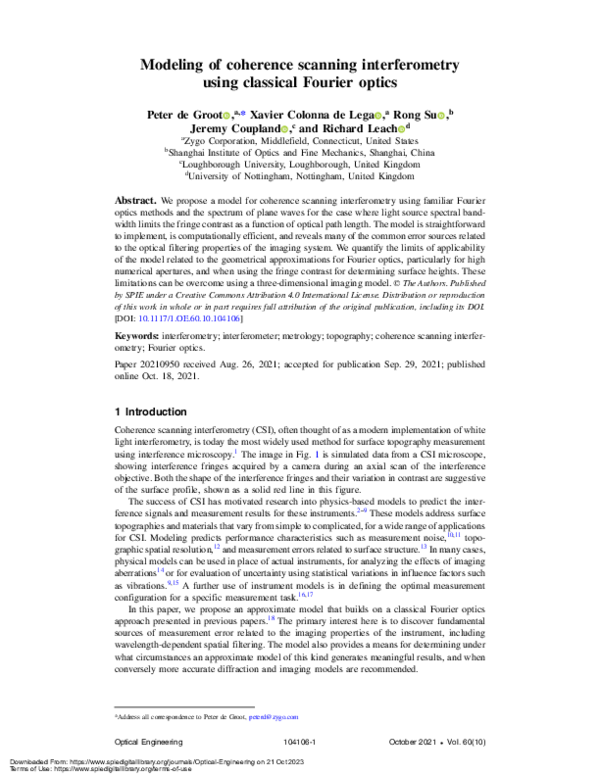 (PDF) Modeling of coherence scanning interferometry using classical Fourier optics