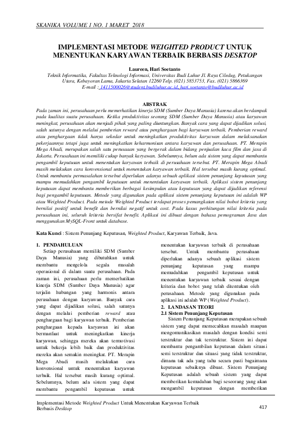 (PDF) Implementasi Metode Weighted Product Untuk Menentukan Karyawan ...