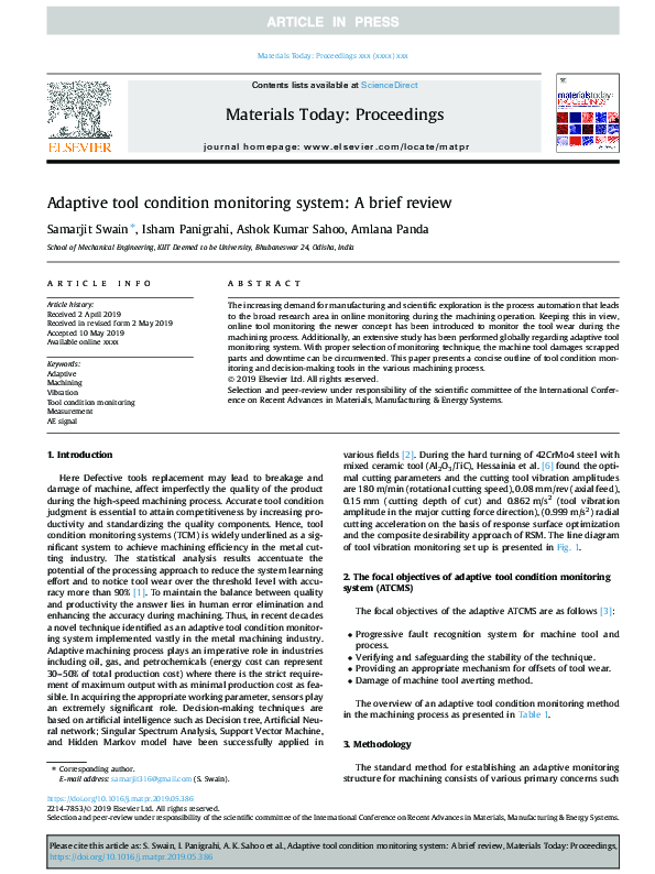 Pdf Adaptive Tool Condition Monitoring System A Brief Review