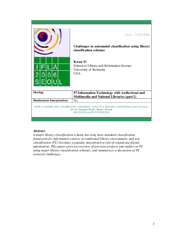 Pdf Challenges In Automated Classification Using Library Classification Schemes Kwan Yi