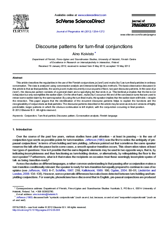 (PDF) Discourse patterns for turn-final conjunctions