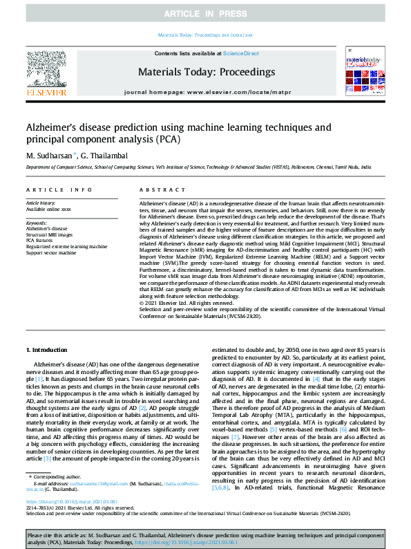 (PDF) Alzheimer's disease prediction using machine learning techniques and principal component ...