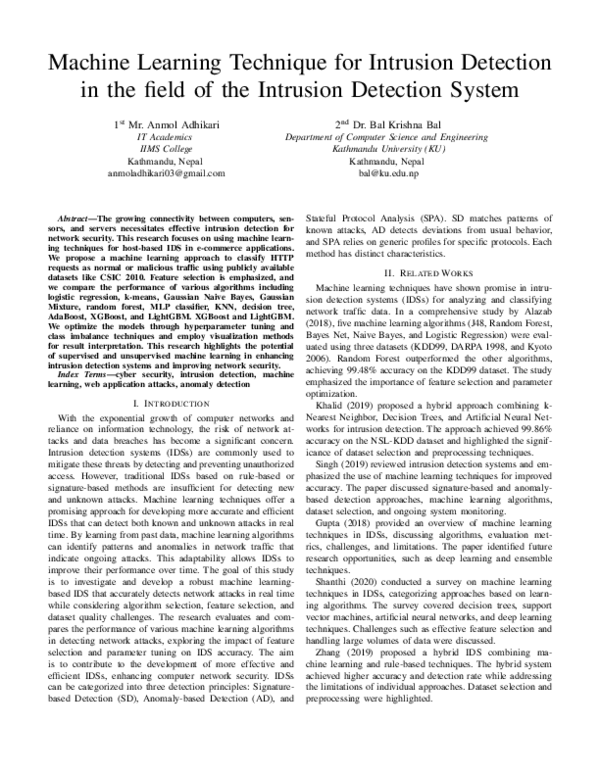 (PDF) Machine Learning Technique for Intrusion Detection in the field of the Intrusion Detection ...