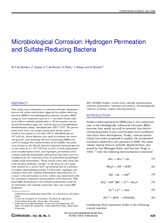 (PDF) Microbiological Corrosion: Hydrogen Permeation and Sulfate-Reducing Bacteria