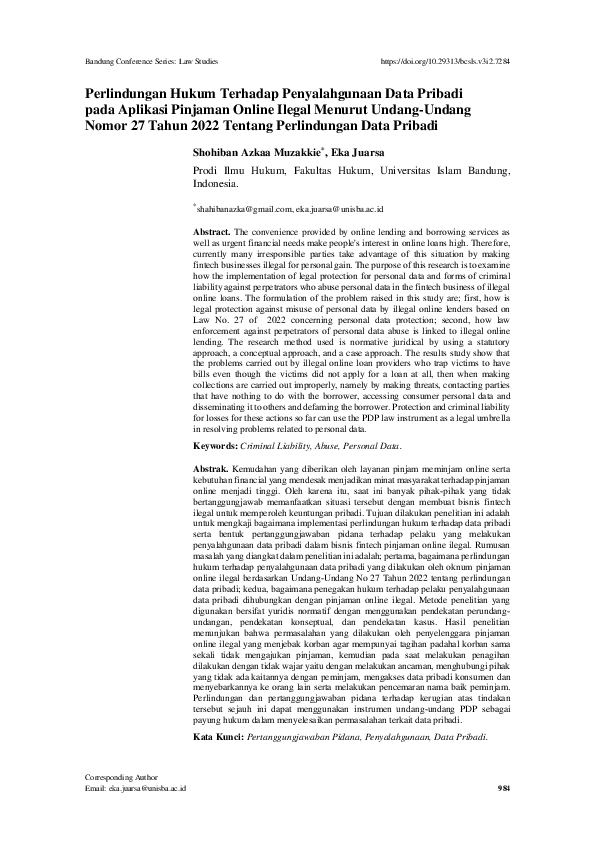 (PDF) Perlindungan Hukum Terhadap Penyalahgunaan Data Pribadi Pada Aplikasi Pinjaman Online ...