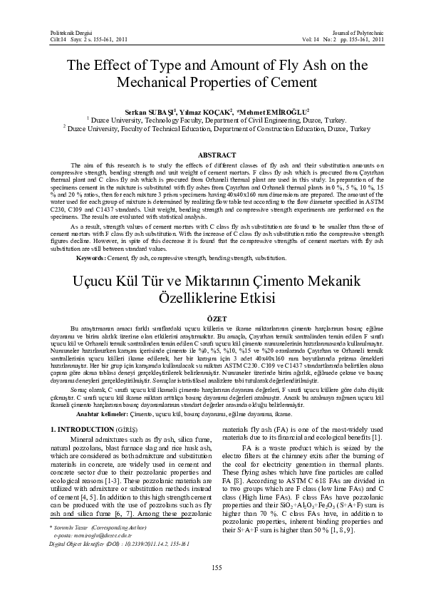 (PDF) Uçucu Kül Tür ve Miktarının Çimento Mekanik Özelliklerine Etkisi
