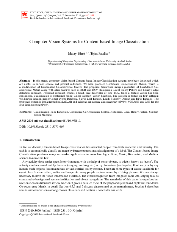 Pdf Computer Vision Systems For Content Based Image Classiﬁcation